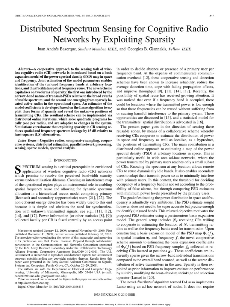 Distributed Spectrum Sensing For Cognitive Radio Networks by Exploiting Sparsity | PDF ...