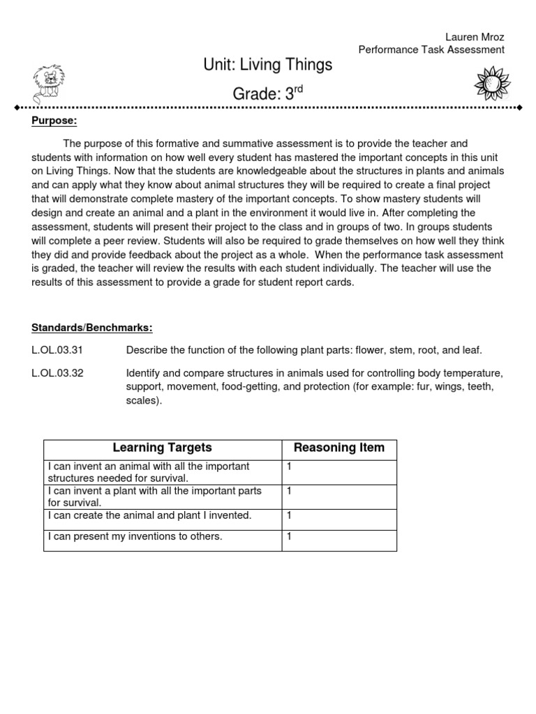 Grade 3 Living Things Performance Task | PDF | Flowers | Educational ...