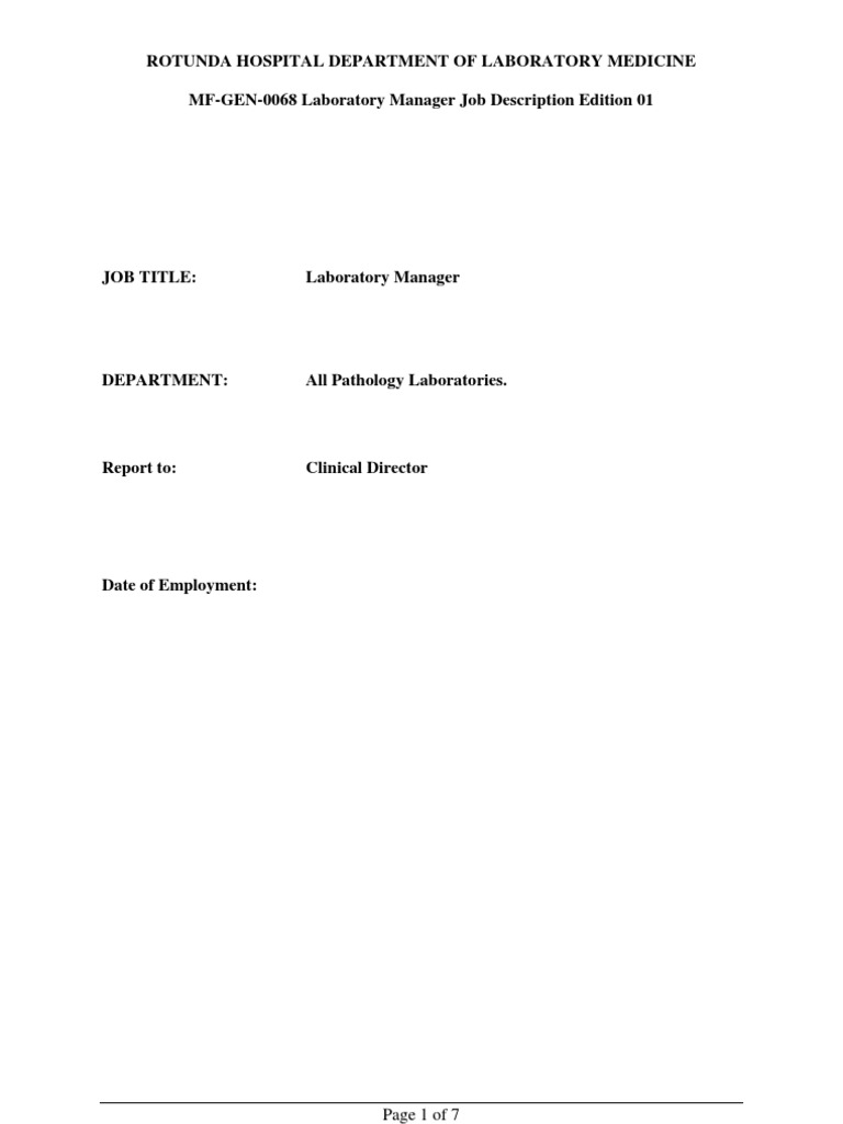 Lab Manager Role at Rotunda Hospital | PDF | Medical Laboratory ...