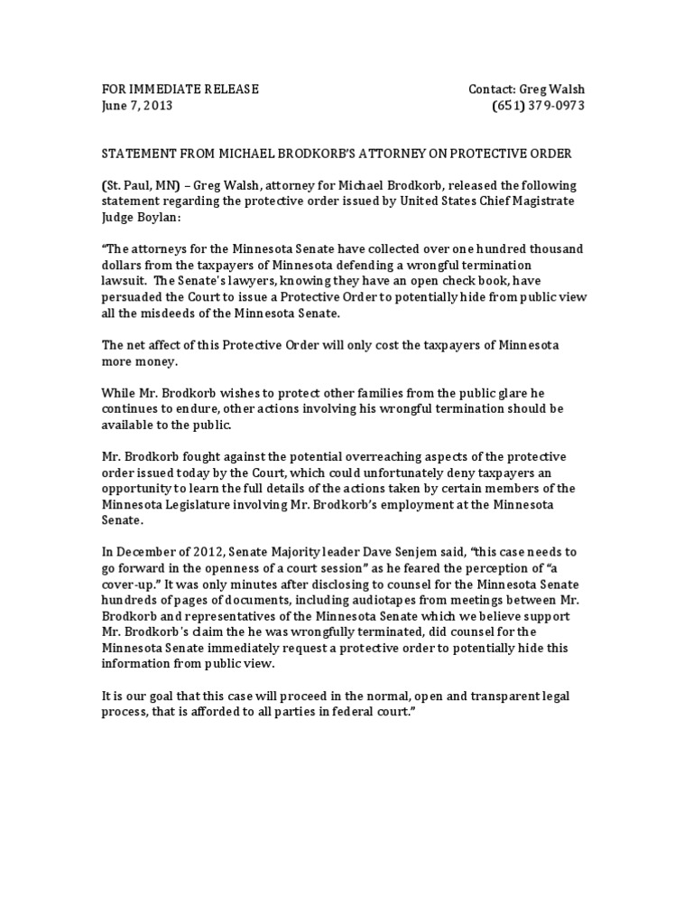 Statement From Greg Walsh on Protective Order | Government | Politics