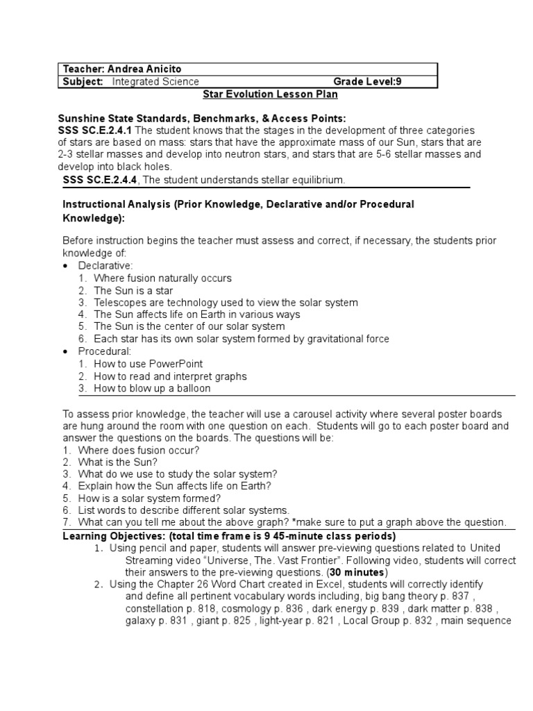 Star Evolution Lesson Plan For Critical Assignment 1 | PDF | Stars ...