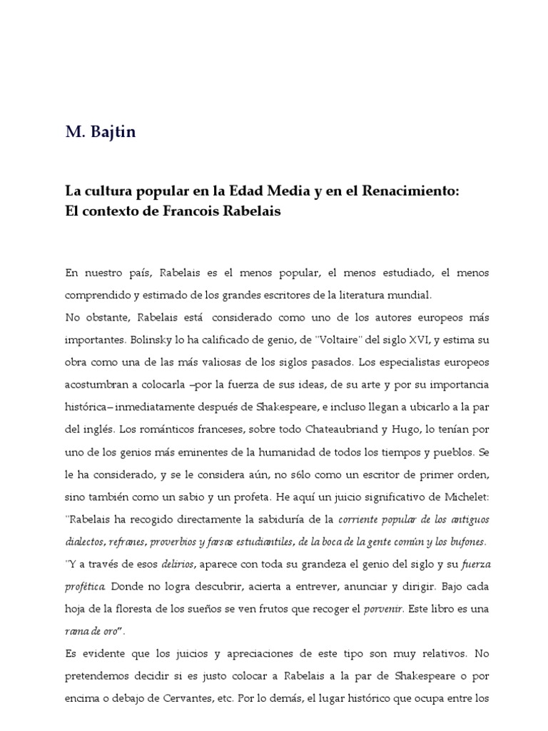 Bajtin, M. La Cultura Popular en La Edad Media y en El Renacimiento | PDF | Clásicos | Ficción ...