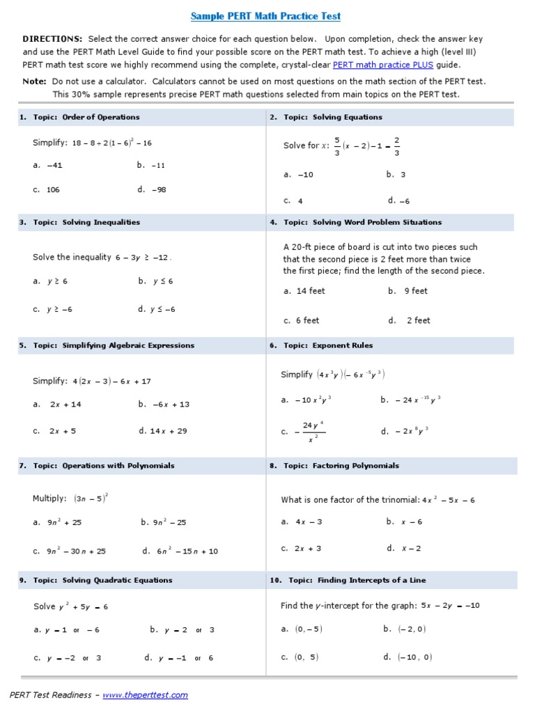 Sample PERT Math Practice TEST | PDF | Polynomial | Mathematical Objects