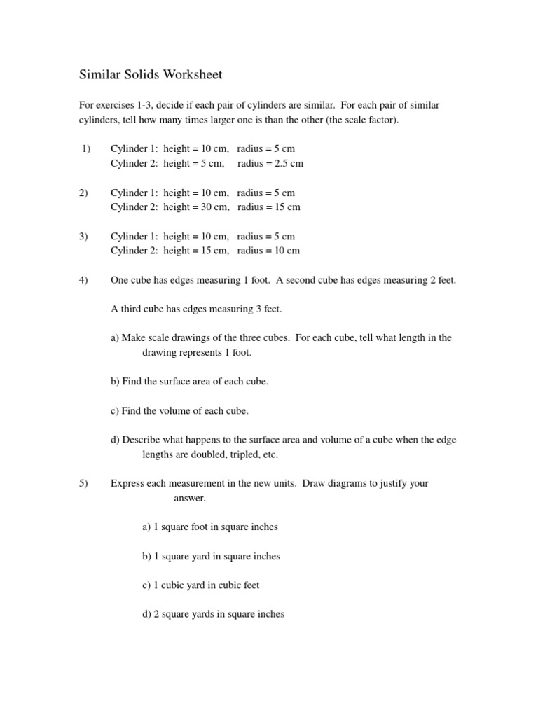 Similar Solids Worksheet | PDF | Volume | Foot (Unit)