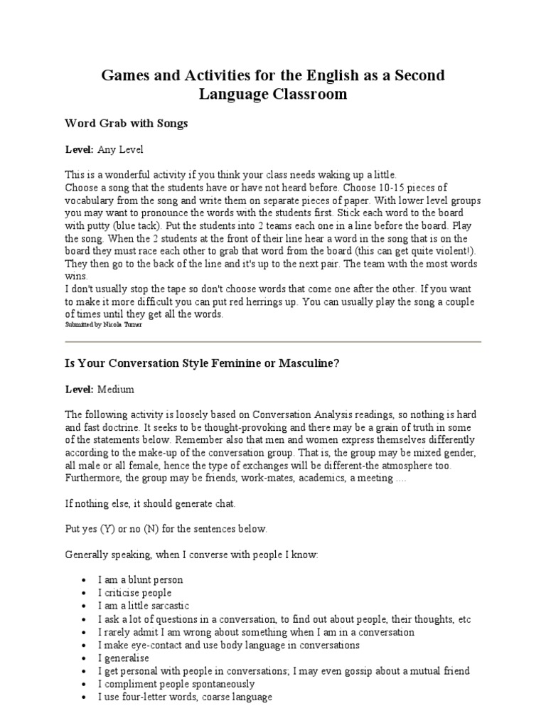 Games in ESL Classroom | PDF