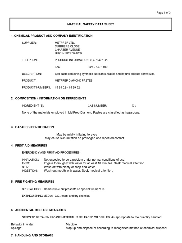 MSDS Diamond Paste (Metprep) | Safety | Physical Sciences