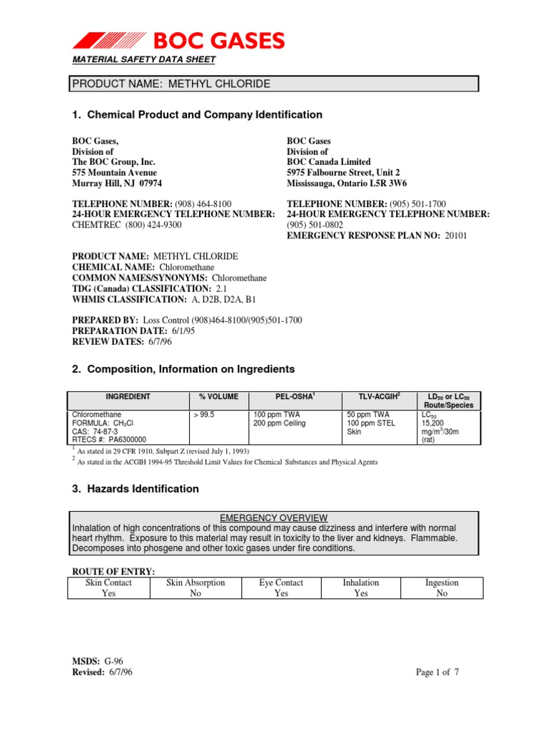MSDS Methyl Chloride (BOC) | PDF | Firefighting | Oxygen
