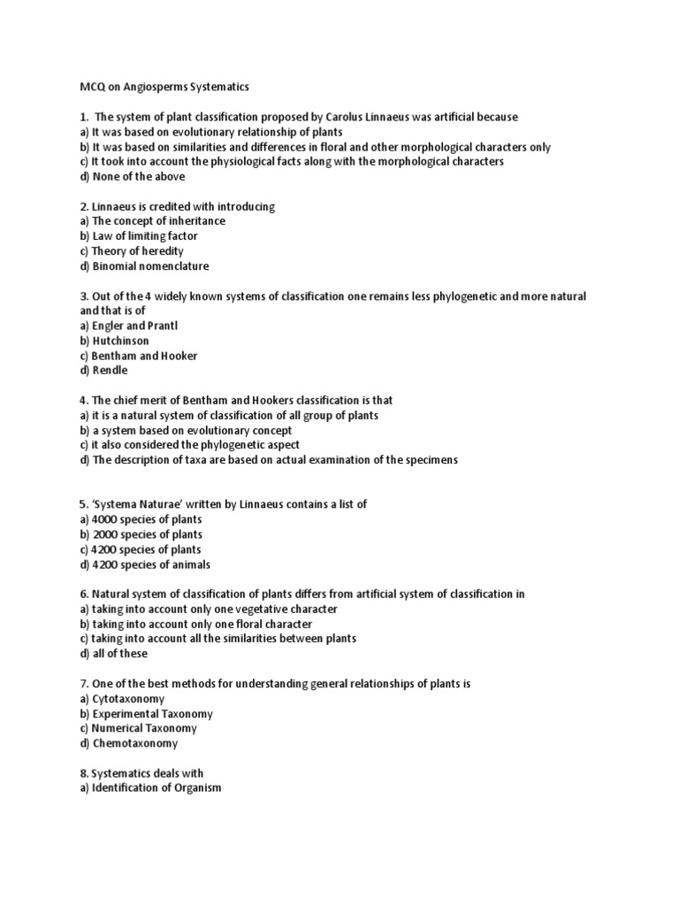 Angiosperm Systematics MCQs and Answers | PDF | Taxonomy (Biology ...