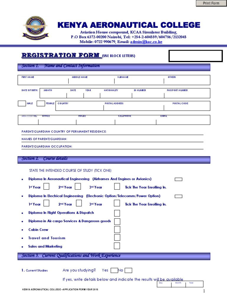 Kenya Aeronautics College Form | PDF | Diploma | Business