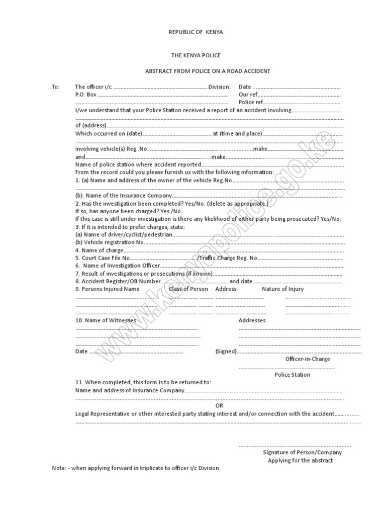 Police Accident Abstract Form Kenya | PDF | Witness | Advocate
