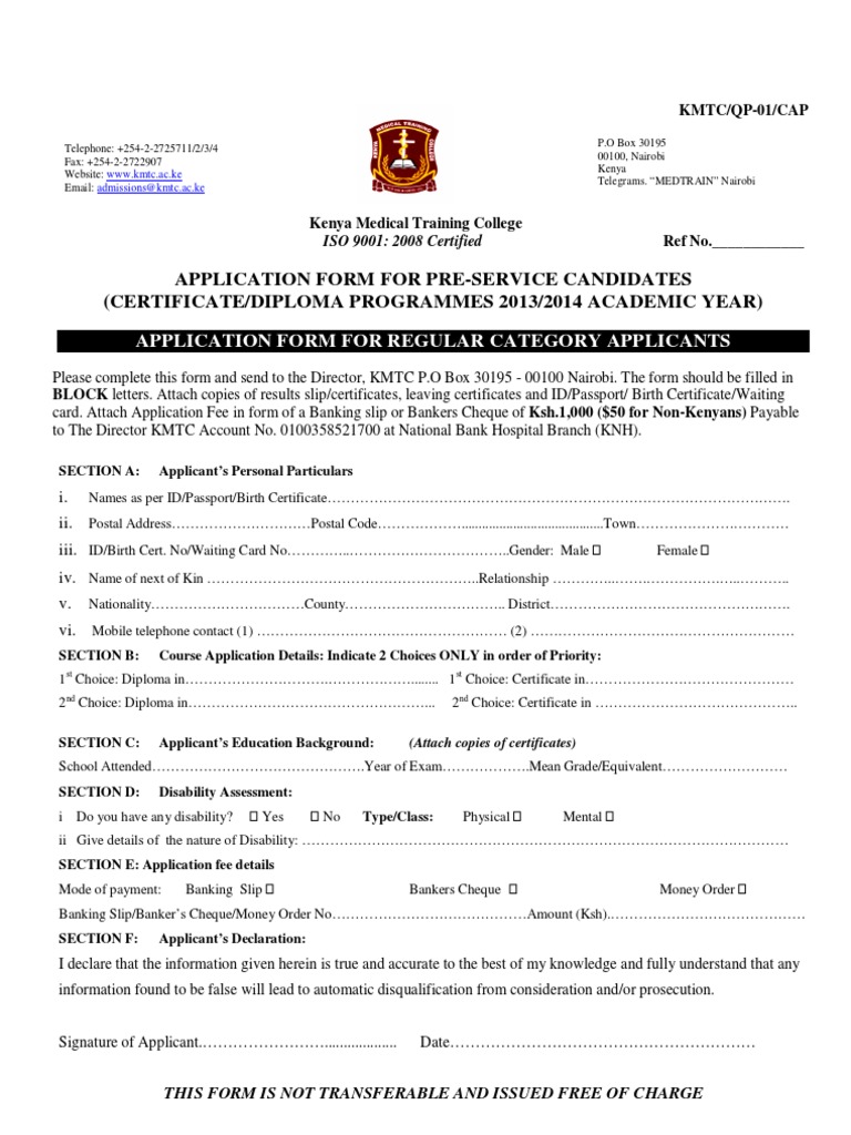 KMTC Application Form | PDF | Money Order | Cheque