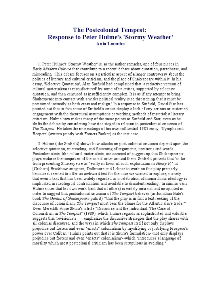 ANIA LOOMBA The Postcolonial Tempest | PDF | Postcolonialism | The Tempest