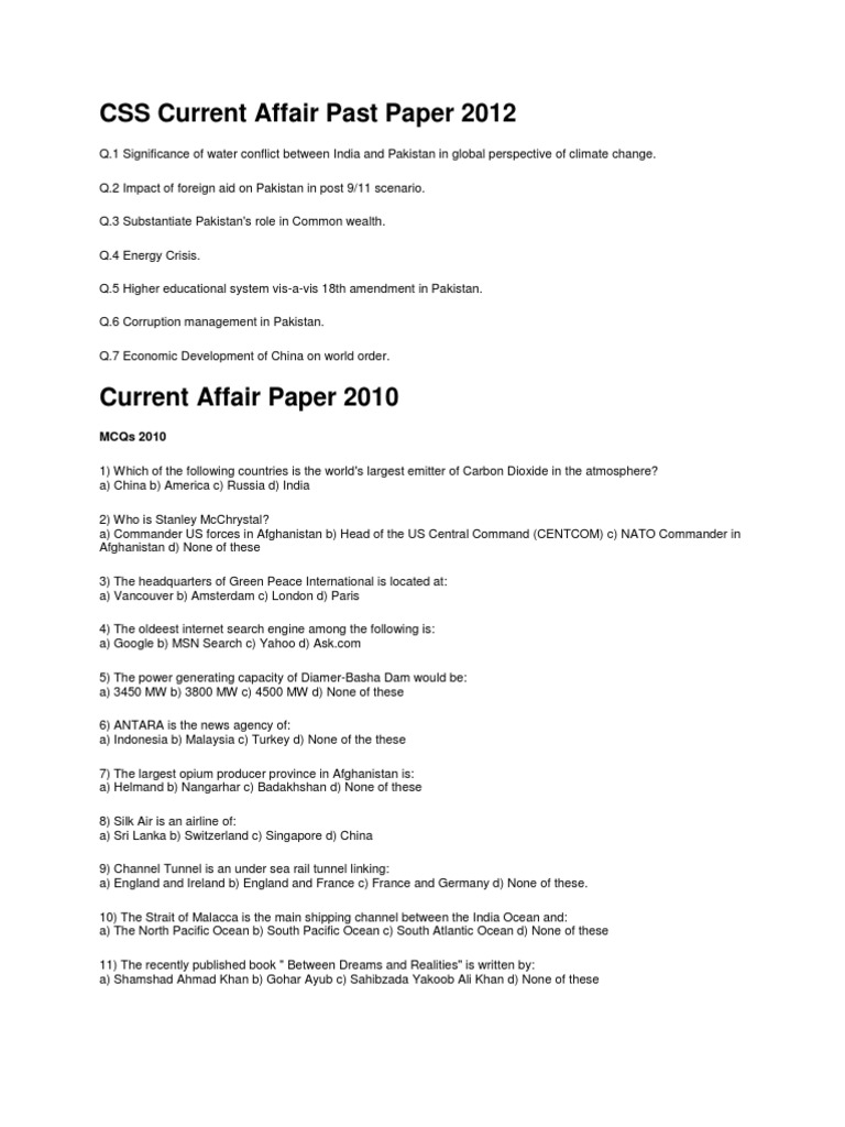 CSS Current Affair Past Paper 2012 | PDF | Pakistan | The United States CSS Current Affair Past Paper 2012 | PDF | Pakistan | The United States