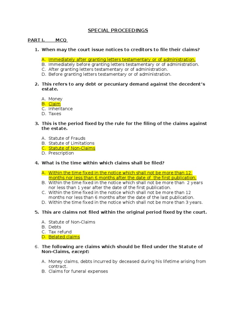 Sample Questions in Special Proceedings - Doc - 0 | PDF | Habeas Corpus ...