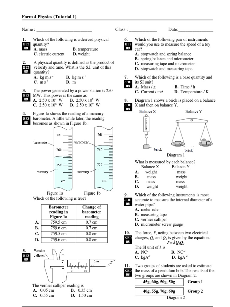 Physics Form 4 Chapter 1 Objective Questions | PDF | Kilogram | Force
