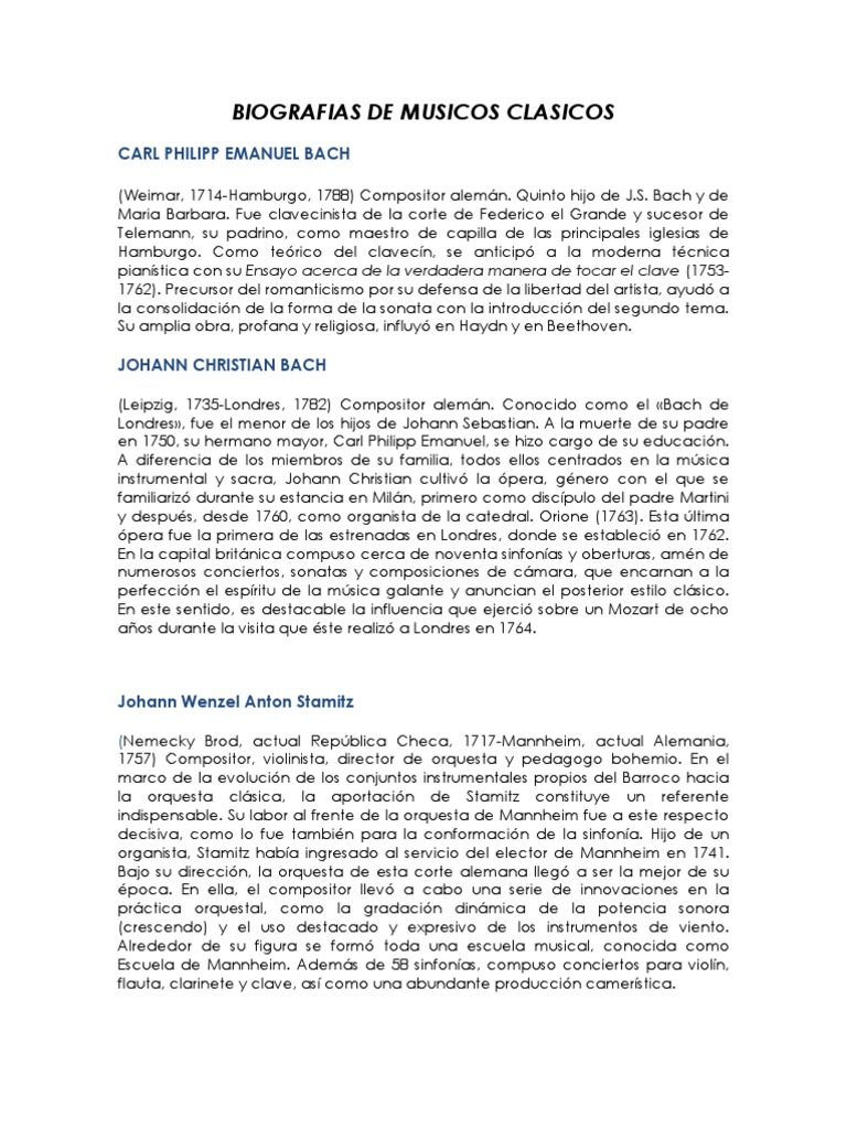 Biografias de Musicos Clasicos | PDF | Periodo Clásico (Música) | Sinfonía