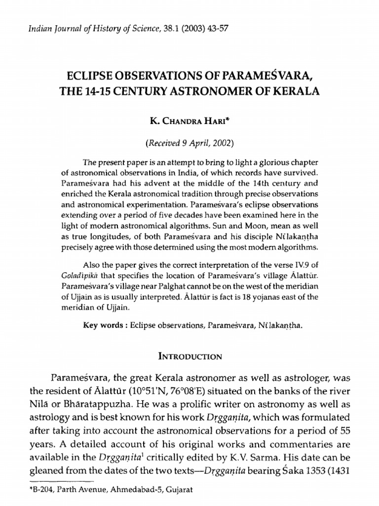 Eclipse Observations of Paramesvara - Kerala Astronomer | PDF