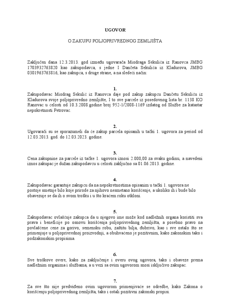 Ugovor o Zakupu Poljoprivredng Zemljista | PDF