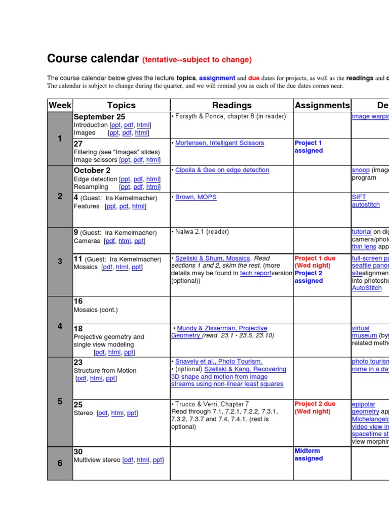 Course Calendar: Week Topics Readings Assignments Demos | PDF | Imaging ...