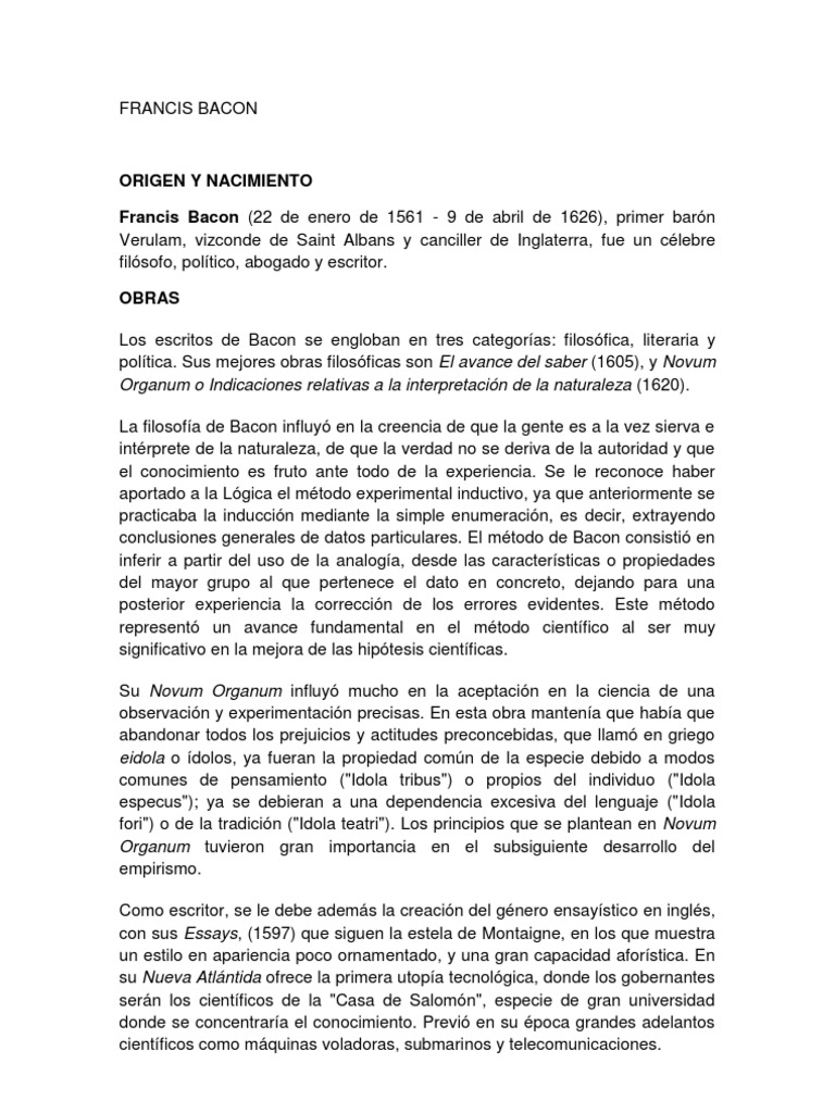 Aportes de Francis Bacon a la Filosofía | PDF | Francis Bacon ...