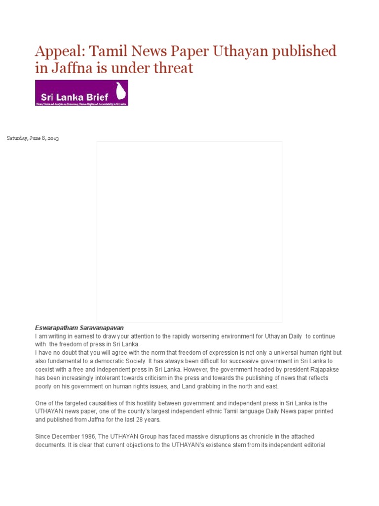 Appeal Tamil News Paper Uthayan Published in Jaffna Is Under Threat ...