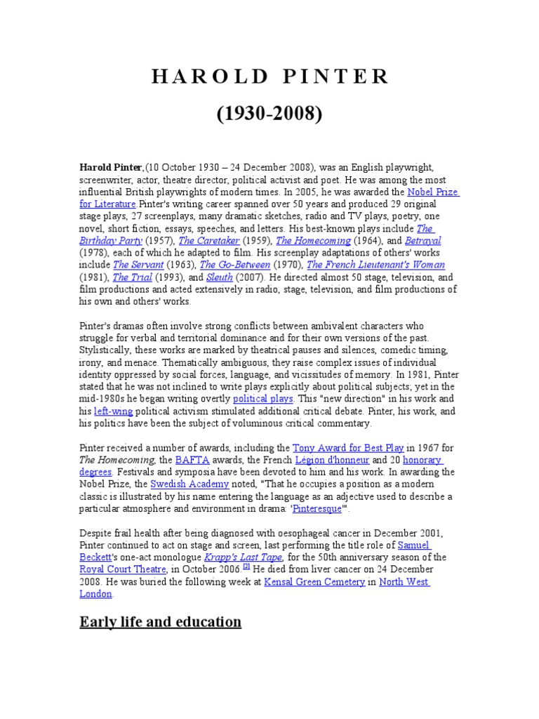 Harold Pinter Pdf Theatre Entertainment General