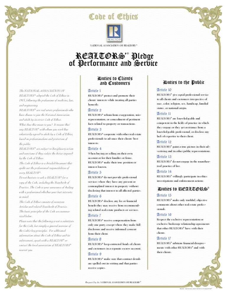 Nar / National Association of Realtors Code of Ethics -- Pledge of ...