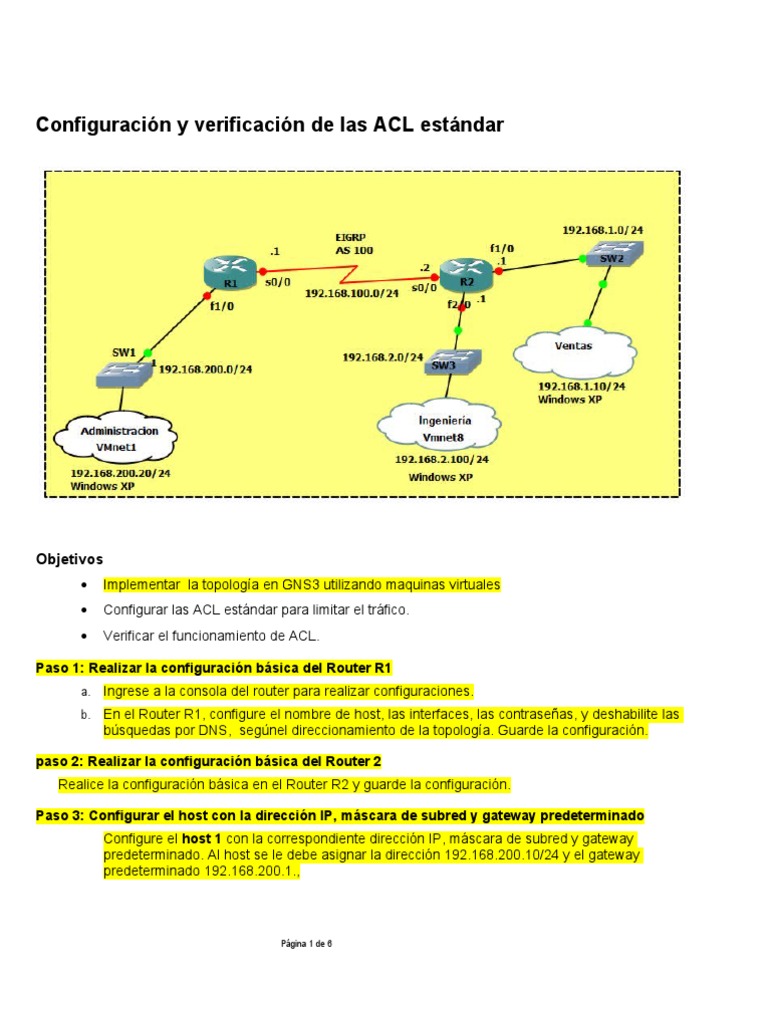 Tarea Configuración y Verificación de Las ACL Estándar | PDF | Enrutador (Computación ...