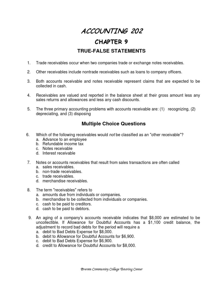 Chapter 9 Accounting Test Answers | PDF | Bad Debt | Debits And Credits