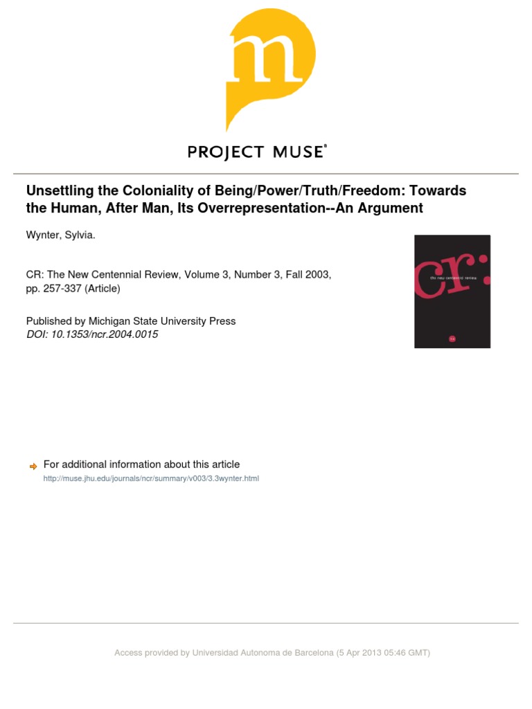 Wynter, 2003, Unsettling The Coloniality of Being-Power-Truth-Freedom ...