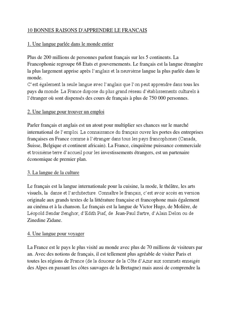 10 Raisons d'Apprendre le Français | PDF | Langue française | la ...