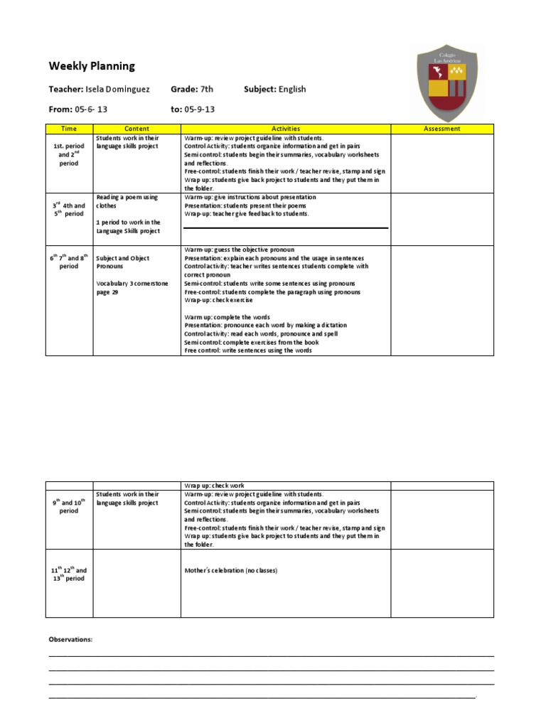 7th Grade Weekly Planning May 6 To 9 | PDF | Languages | Language Arts ...