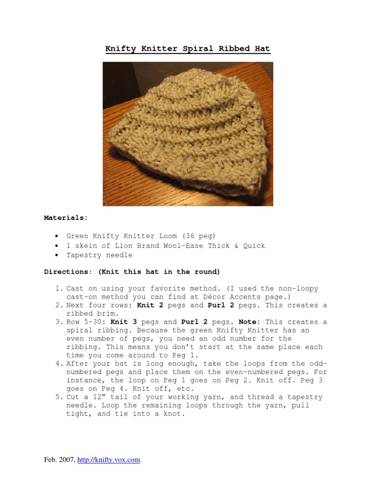 Knifty Knitter Spiral-Ribbed Hat Pattern | PDF | Knitting | Textiles