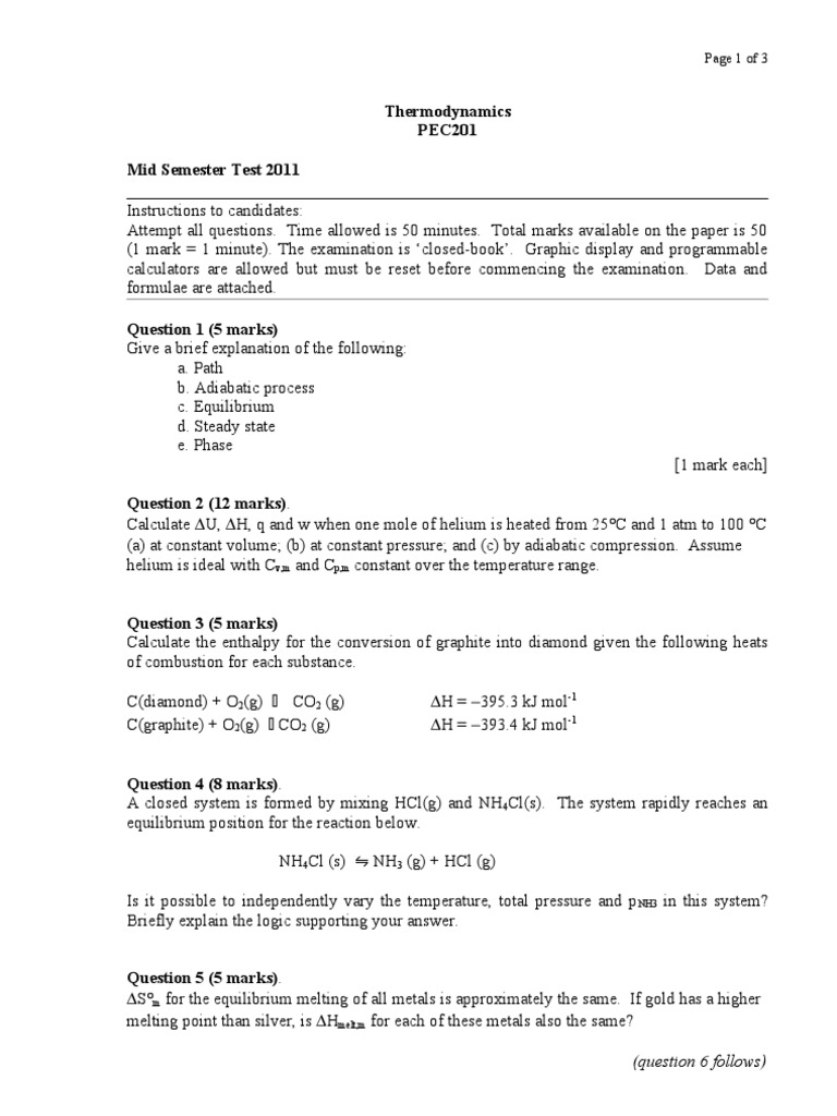 Thermodynamics MST 2011 | PDF | Enthalpy | Gibbs Free Energy