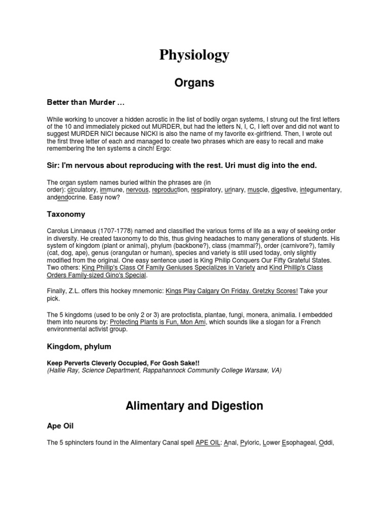 Physiology Mnemonic | PDF | Meiosis | Central Nervous System