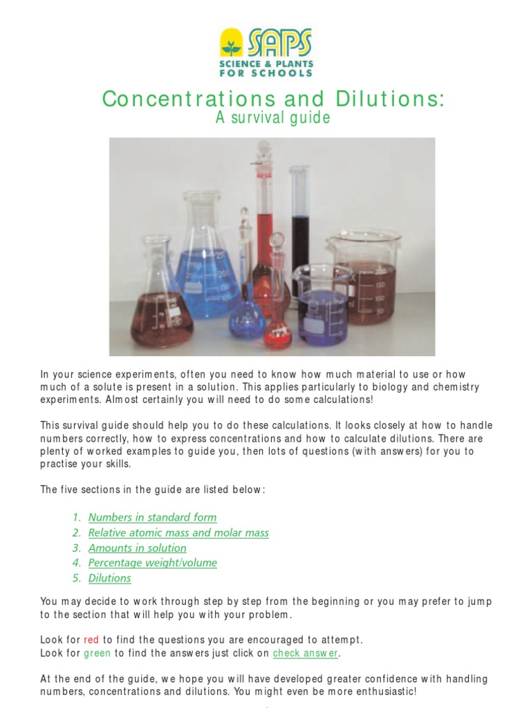 Concentrations and Dilutions:: A Survival Guide | PDF | Litre | Mole (Unit)
