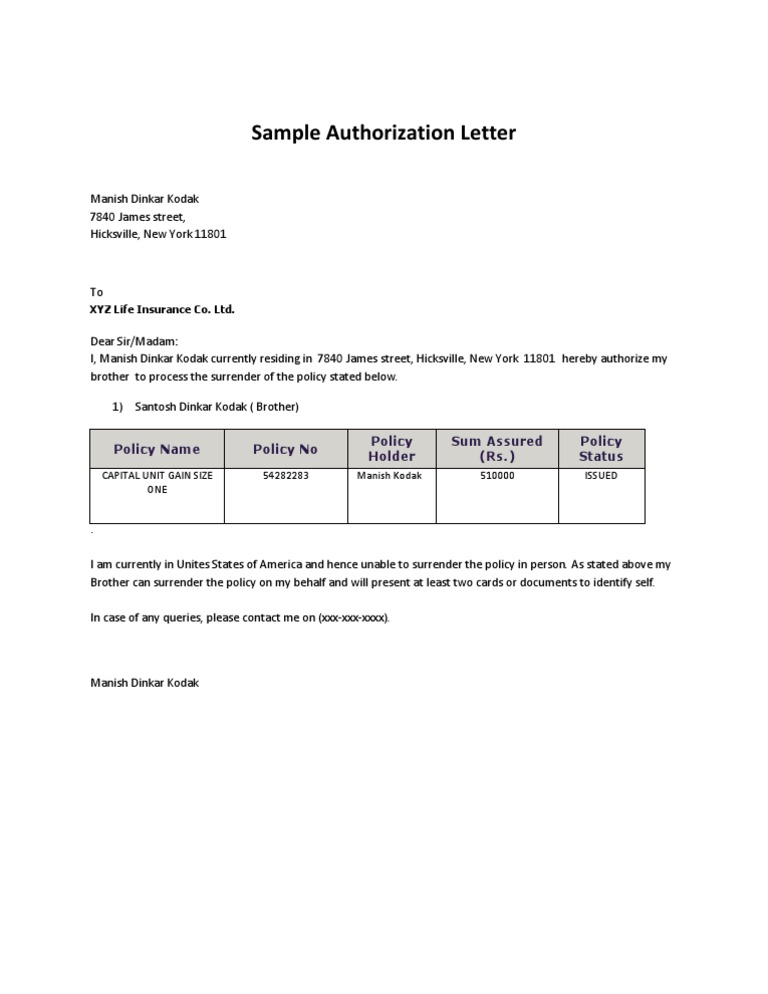 Sample Authorization Letter for Insurance | PDF | Law