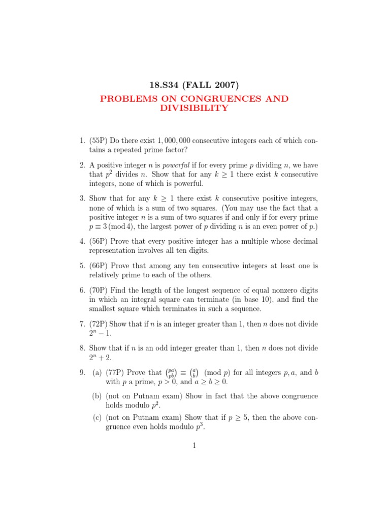 Problems On Congruences and Divisibility: 18.S34 (FALL 2007) | PDF ...