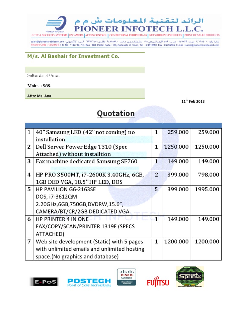 Quotation: M/s. Al Bashair For Investment Co | PDF | Computing And Information Technology | Science