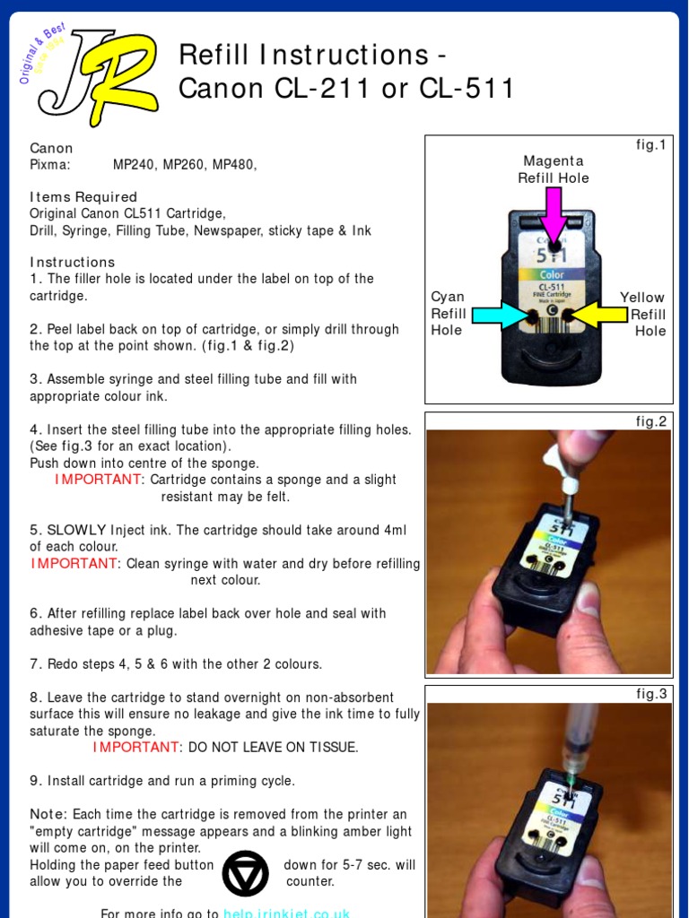 Refill Instructions - Canon CL-211 or CL-511: Important | PDF
