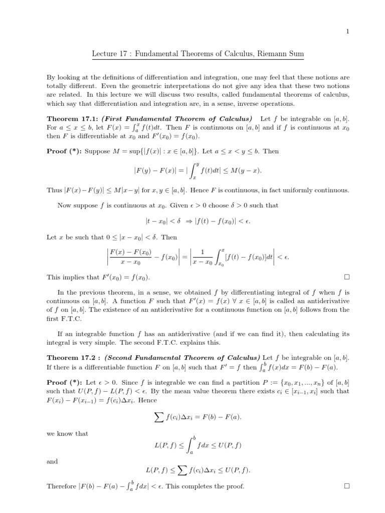 Lecture 17: Fundamental Theorems of Calculus, Riemann Sum | PDF | Integral | Functions And Mappings