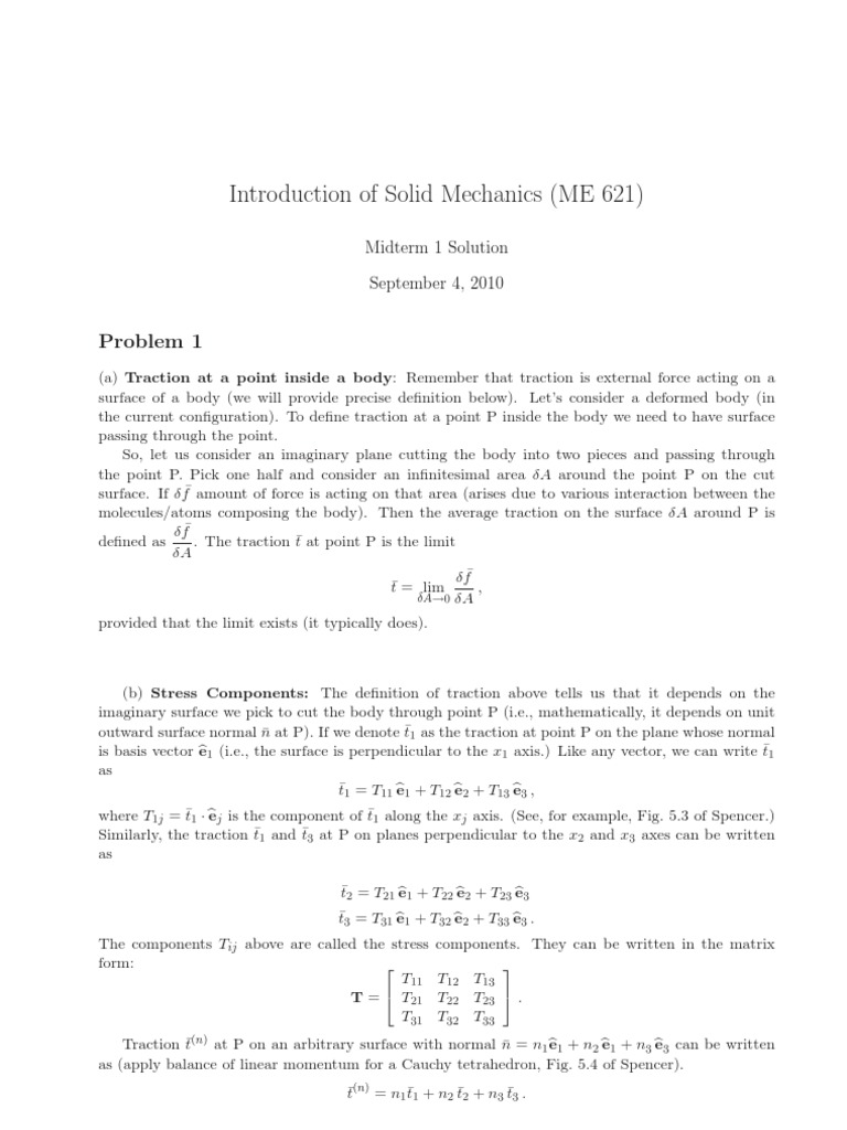 Analysis of Stress Components and Traction Forces for Solid Mechanics Based on a Sample Midterm ...