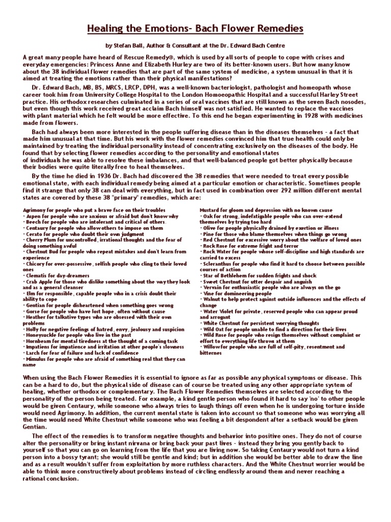 Healing The Emotions-Bach Flower Remedies: by Stefan Ball, Author ...