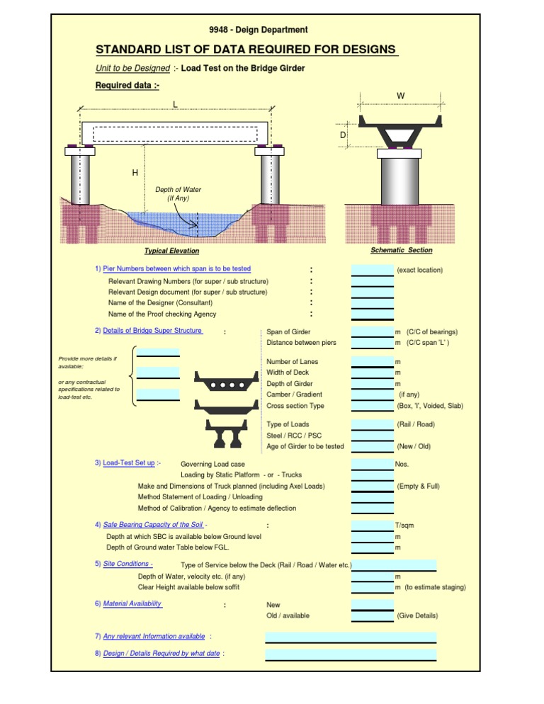 Standard List of Data Required For Designs: Unit To Be Designed:-Load ...