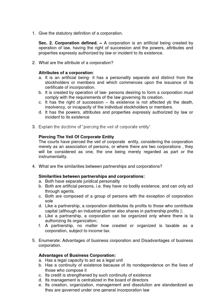 Sec. 2. Corporation Defined. - A Corporation Is An Artificial Being ...
