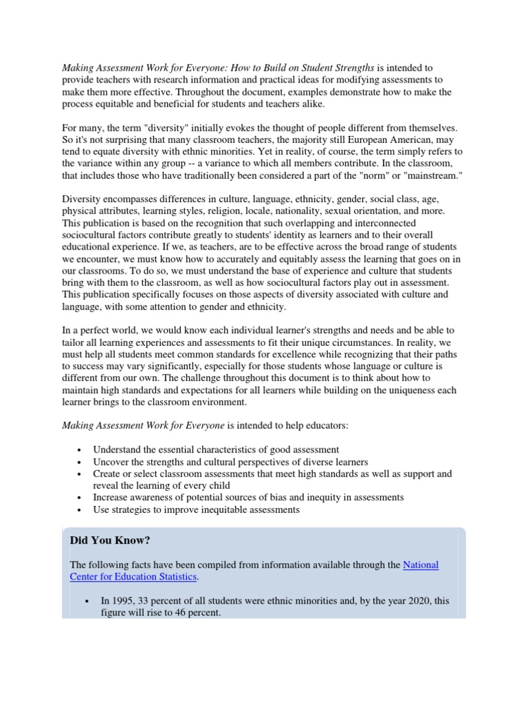 Making Assessment Work For Everyone: How To Build On Student Strengths ...