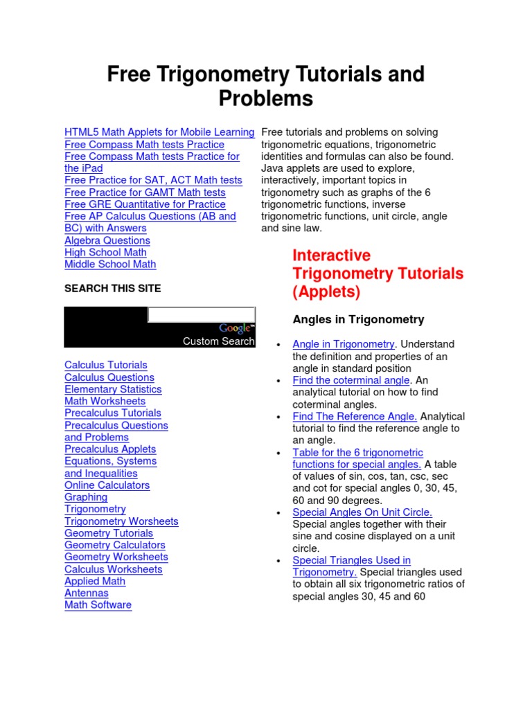 Free Trigonometry Tutorials and Problems PDF | PDF | Trigonometric Functions | Trigonometry