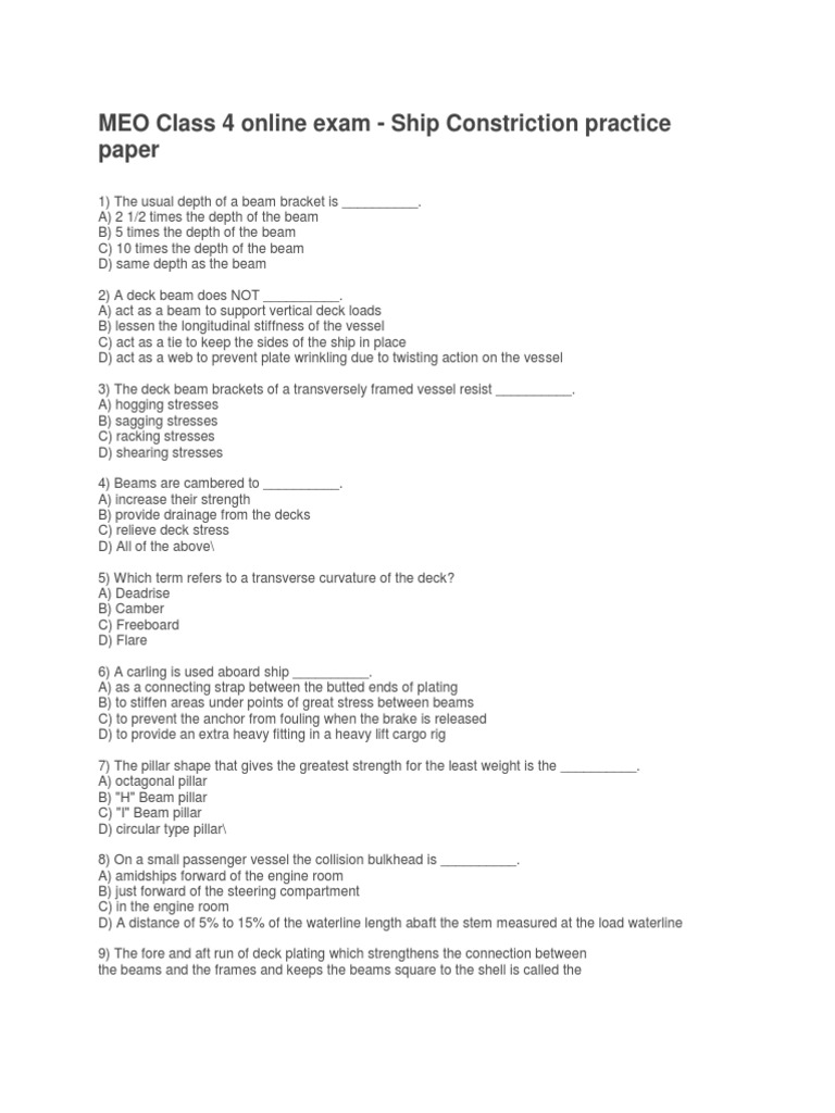 MEO Class 4 Online Exam of Ship Construction. | PDF | Deck (Ship ...