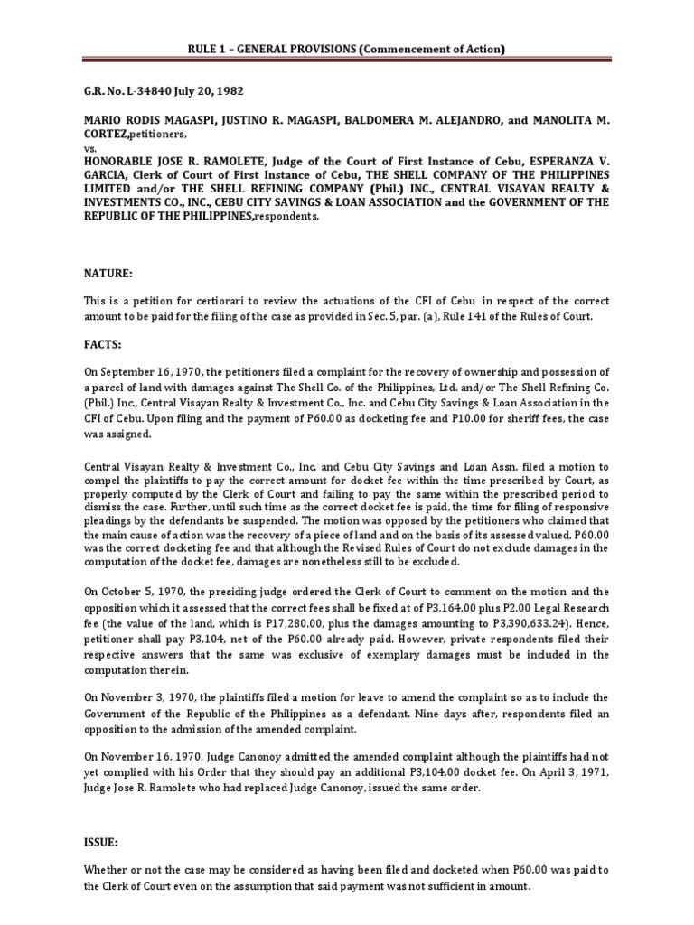 Supreme Court Rules on Correct Amount of Docket Fee Based on Amended ...