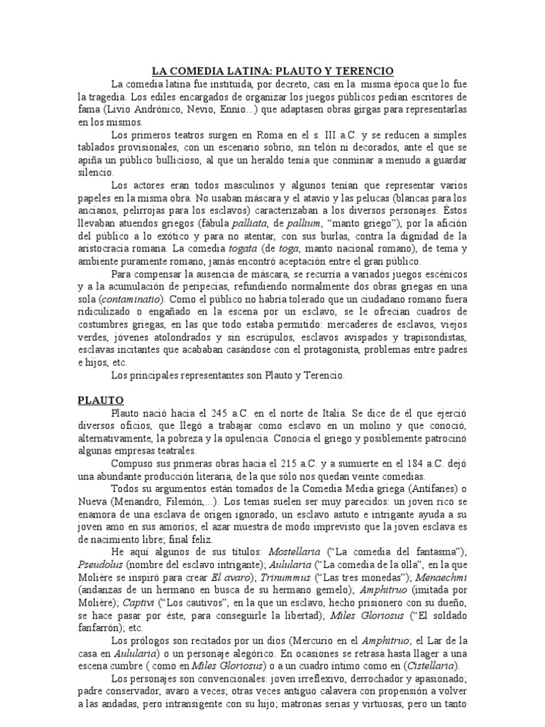 La Comedia Latina Plauto y Terencio | PDF | Comedia | Teatro